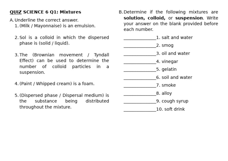 QUIZ SCIENCE 6 Q1-Mixtures | PDF