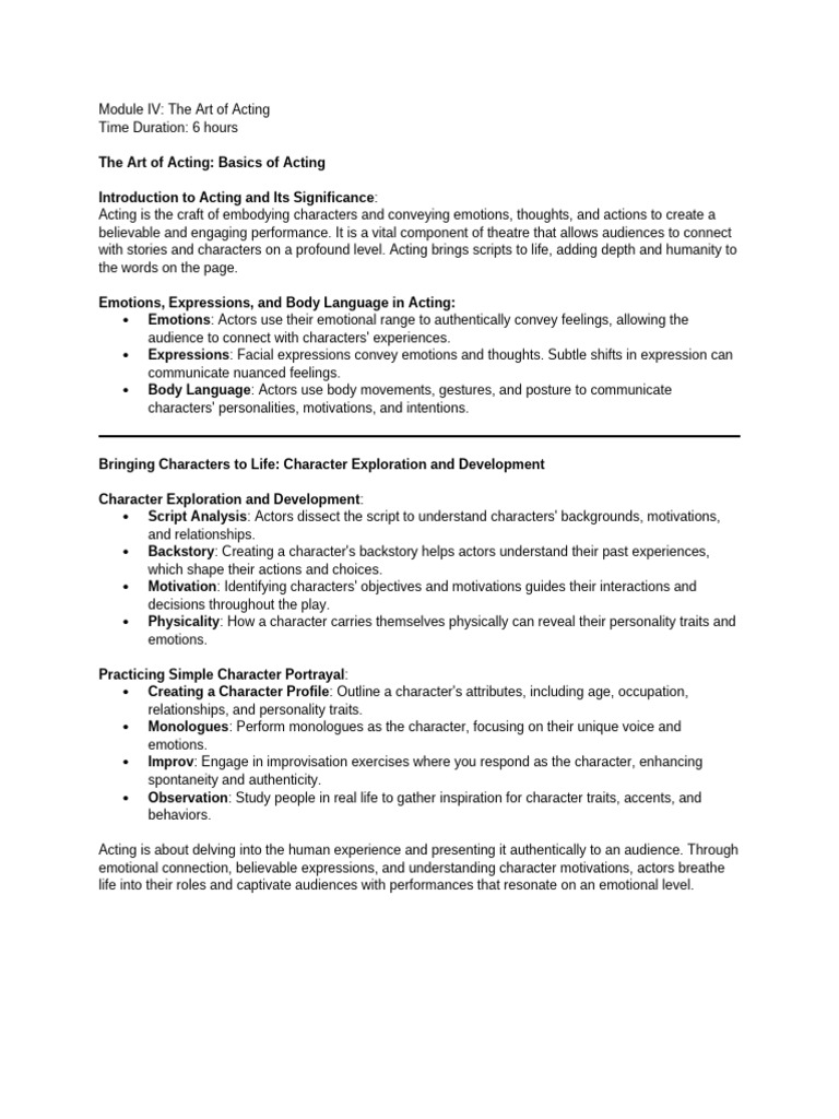 Basics of Acting: Module IV Guide | PDF