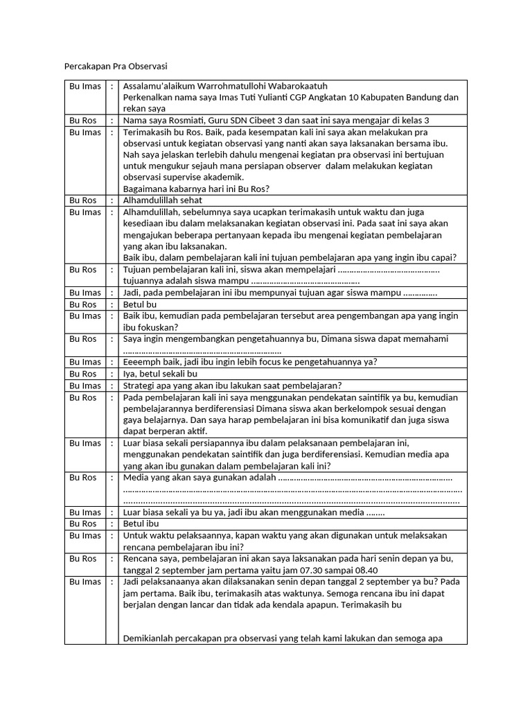 Percakapan Pra Dan Pasca Observasi | PDF