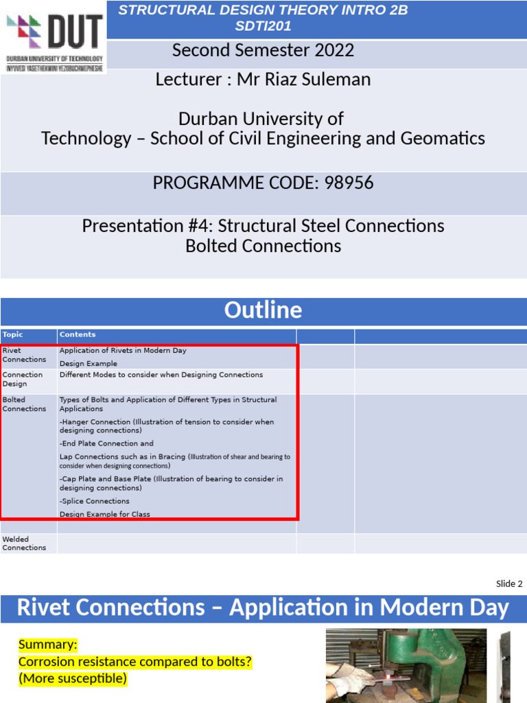 Slide No 4 SDTI201 - Intro Structural Design Theory-2022-DUT-Structural Steel Connections | PDF