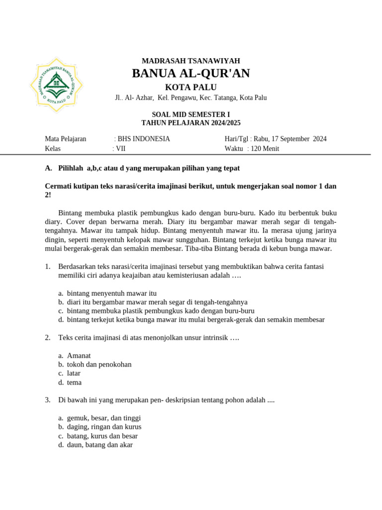 Mid BHS Indo Kelas Vii | PDF