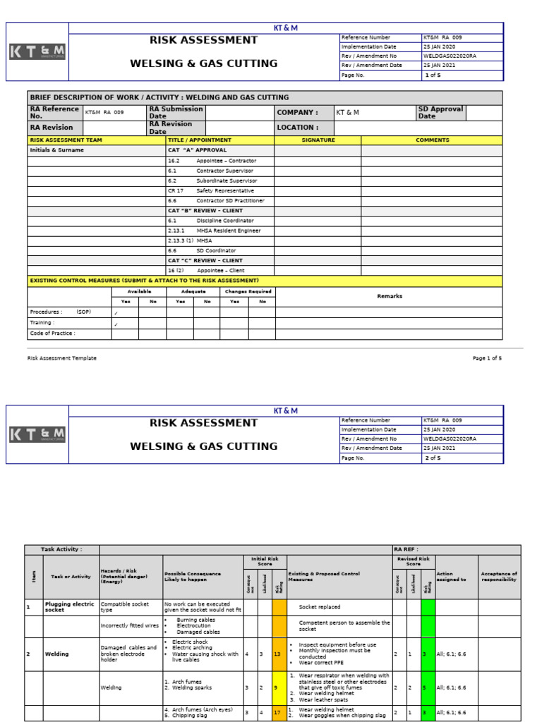 RA 009 Risk Assessment - Welding & Gas Cutting | PDF