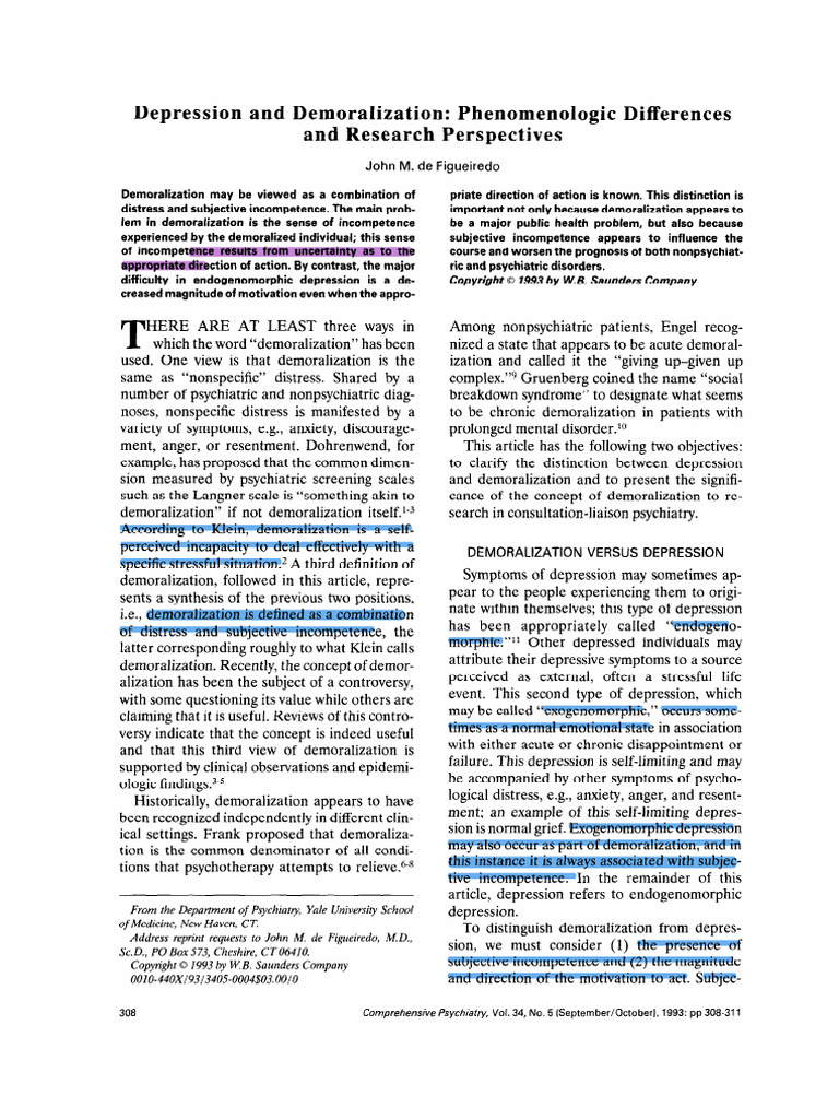 Depression and Demoralization Phenomenologic Differences and Research ...