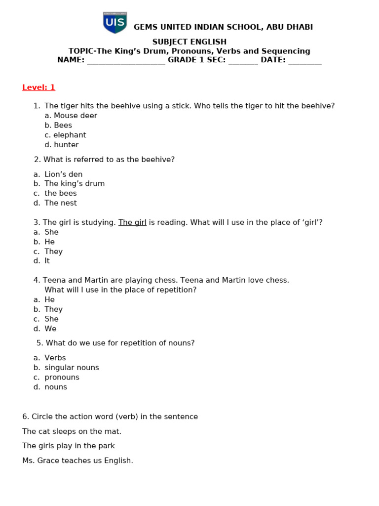 Grade 1 - FA2 ENGLISH - PRACTICE SHEET | PDF