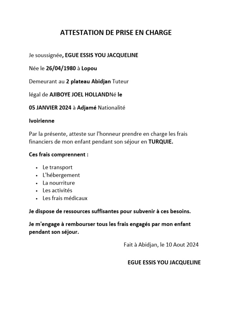 Attestation de Prise en Charge | PDF