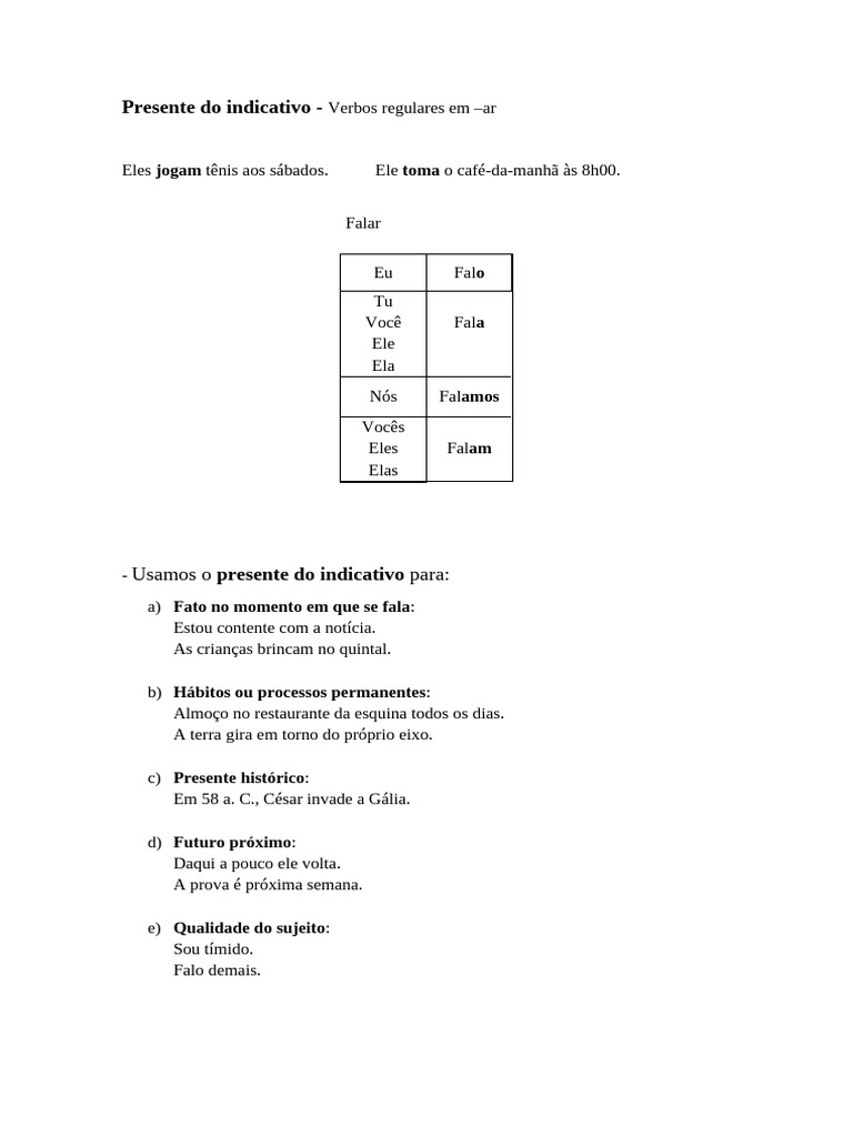 Presente Do Indicativo Verbos Regulares em AR, ER, IR | PDF