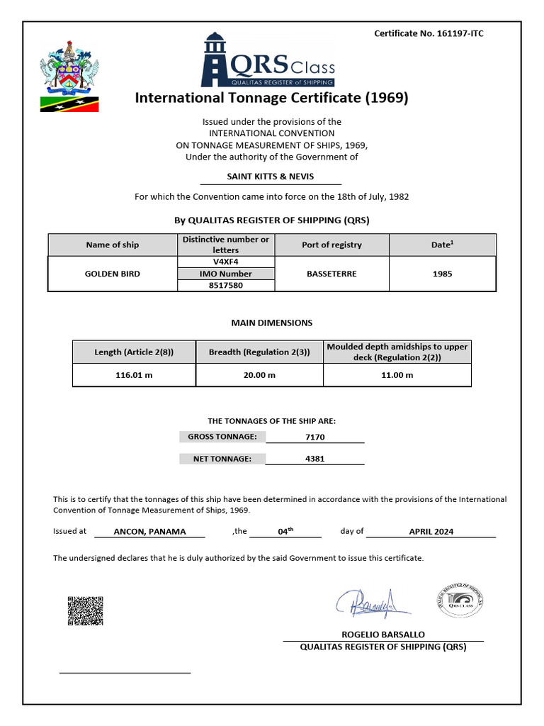 ITC-International Tonnage Certificate, (Exp. 9.11.2028) - GOLDEN BIRD | PDF