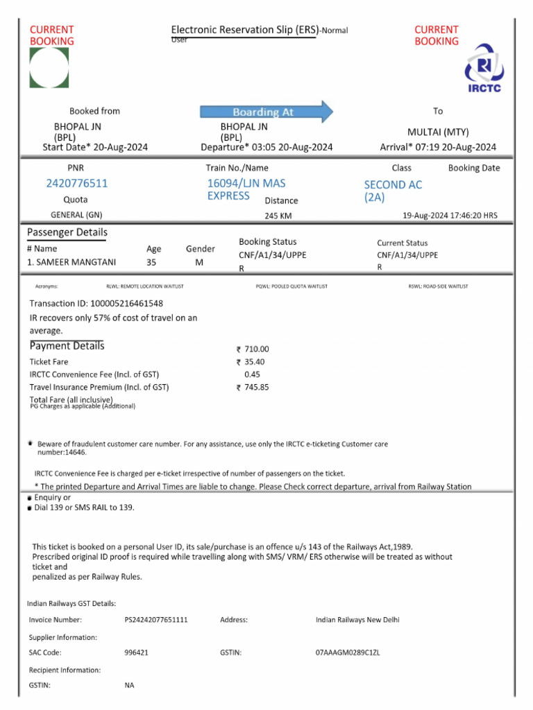 Bhopal To Multai 19 August | PDF