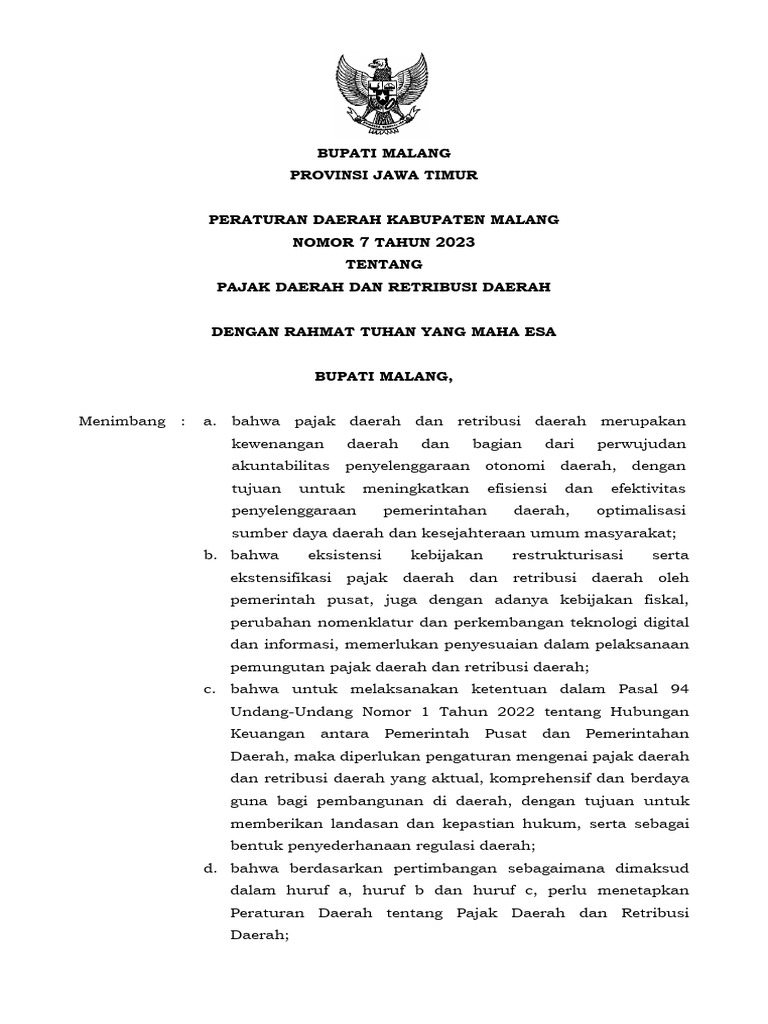Perda Nomor 7 Tahun 2023 TTG PDRD | PDF