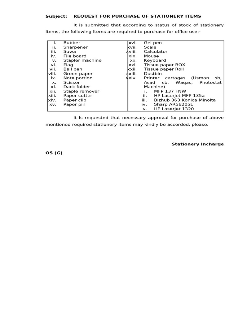 Request For Purchase of Stationery Items | PDF