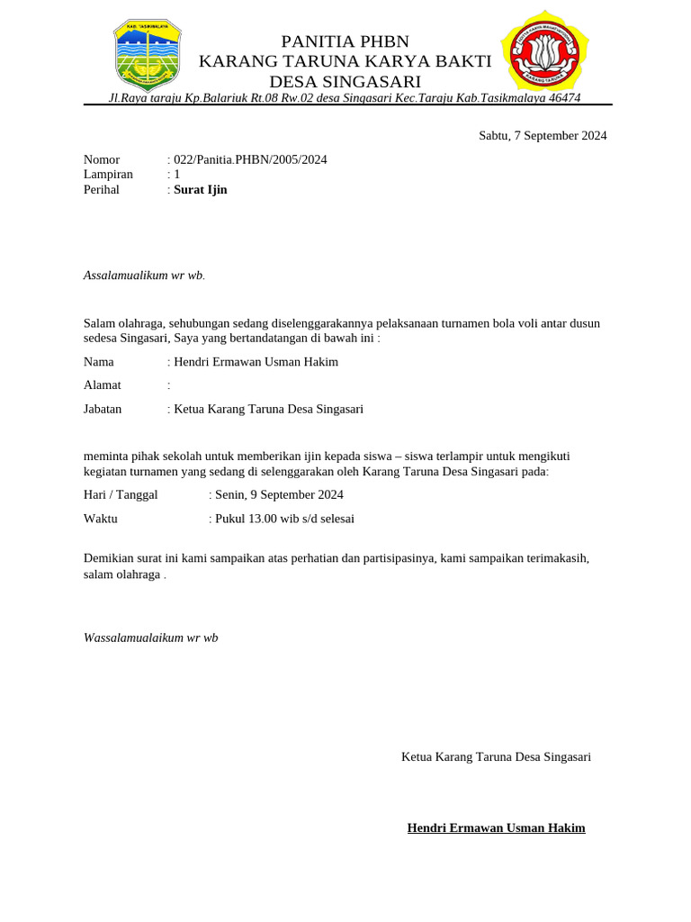 Surat Ijin Panitia PHBN | PDF