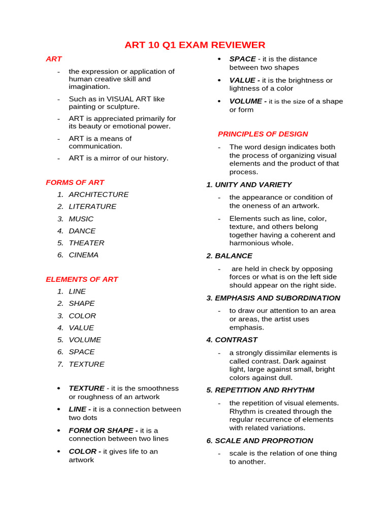 Art 10 Q1 Exam Reviewer | PDF