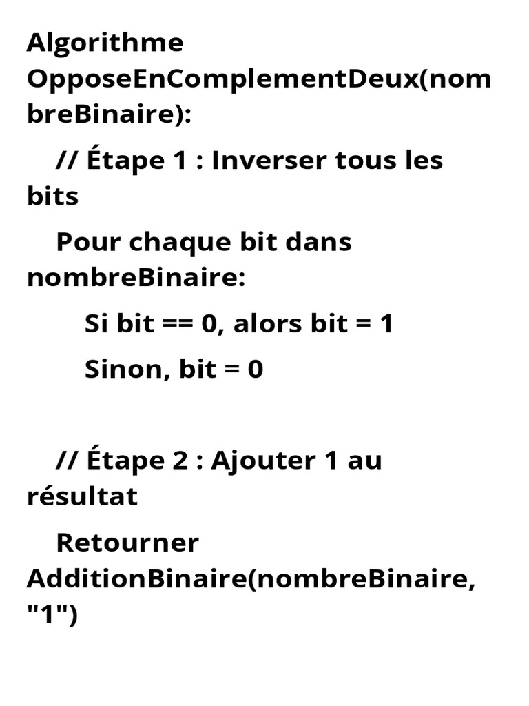 Algorithme OpposeEnComplementDeux (Nombrebinaire) | PDF