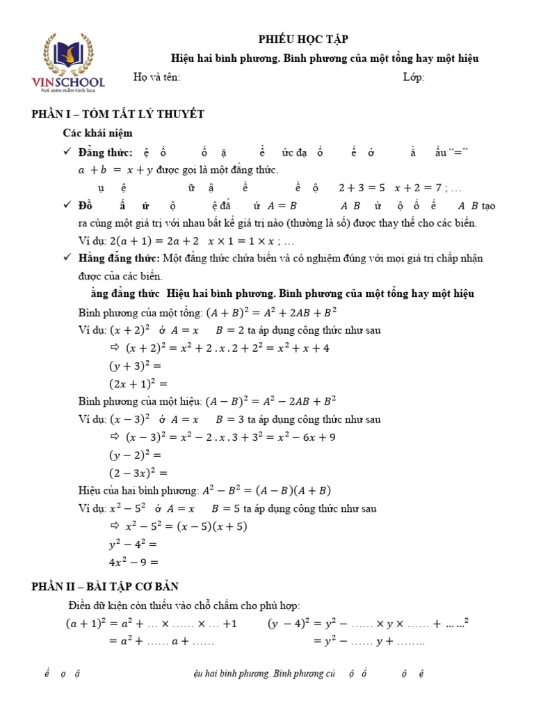(PHT) BÀI 2.7 Hiệu Hai Bình Phương. Bình Phương Của Một Tổng Hay Một Hiệu | PDF