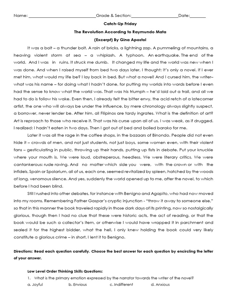 Grade 12 The Revolution According To Raymundo Mata Reading Text | PDF
