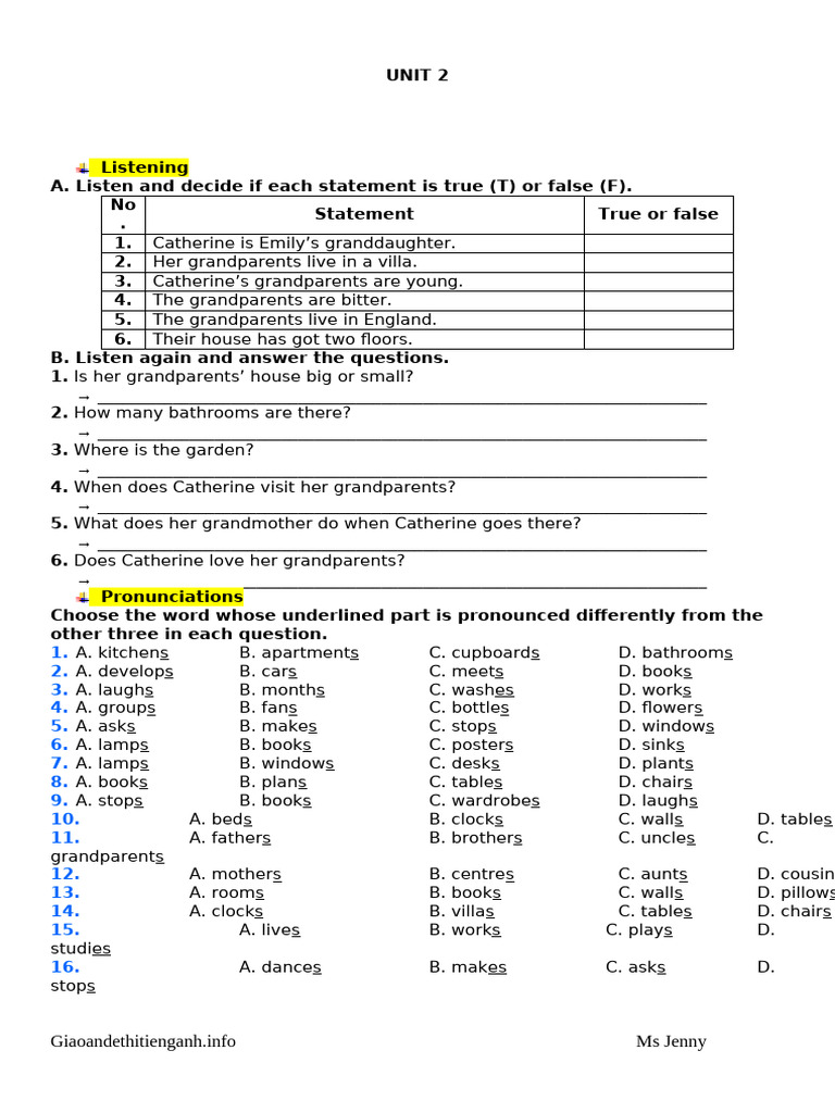 Bài tập chuyên sâu anh 6 Global có key và file nghe UNIT 2 | PDF