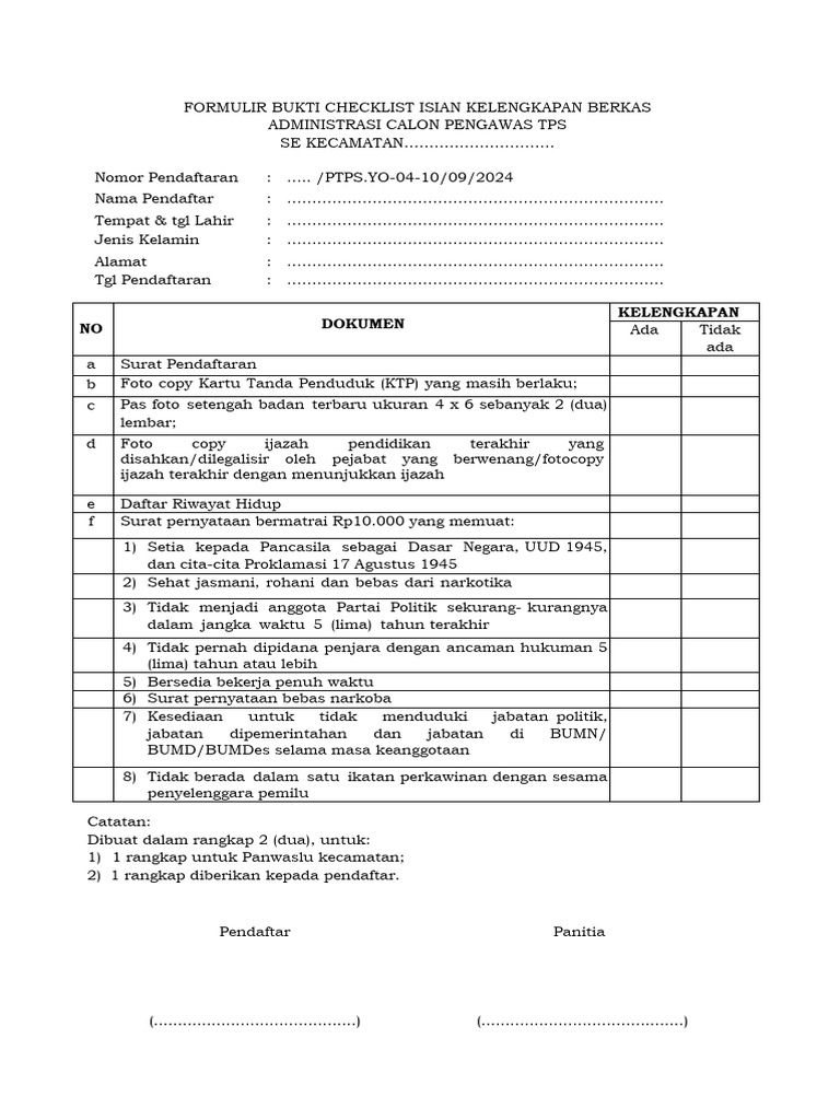 Form Checklist Kelengkapan Berkas Terbaru | PDF