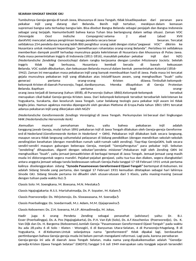 Sejarah Singkat Sinode GKJ | PDF