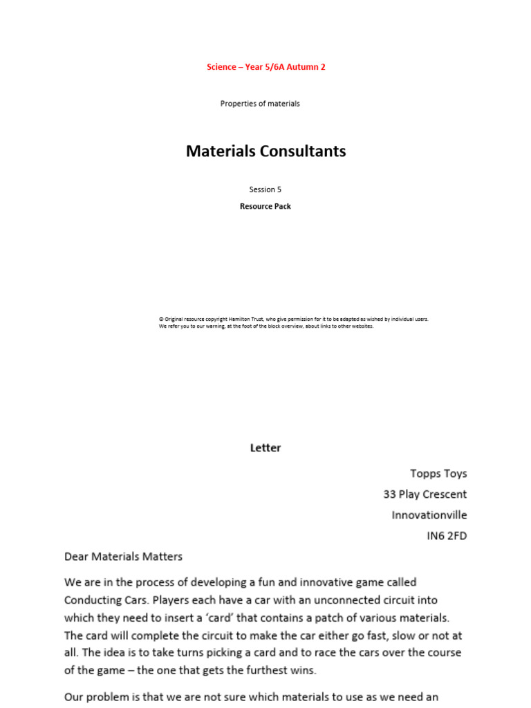 UKS2 Science Y5 6 A Autumn 2 Materials Consultants Session 5 Resource | PDF