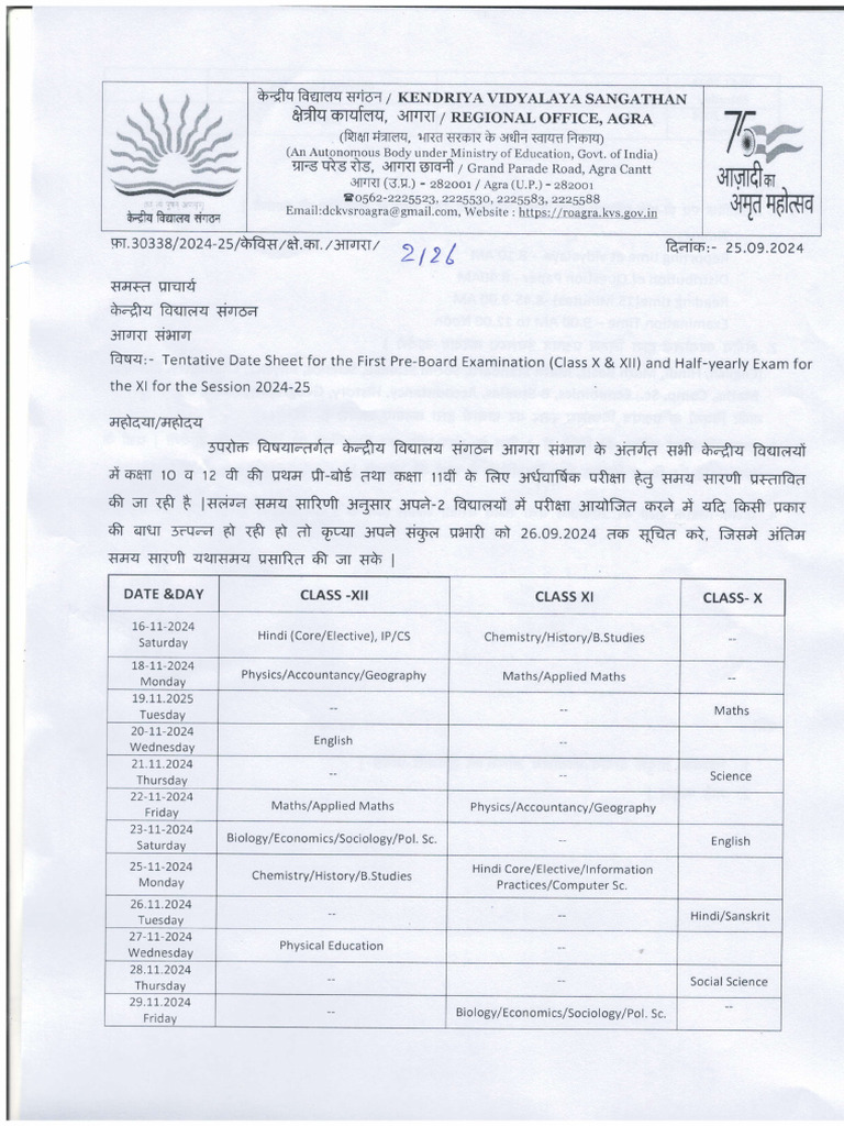 Tentative Date Sheet For The First Pre-Board Examination (Class X & XII) and Half-Yearly Exam ...