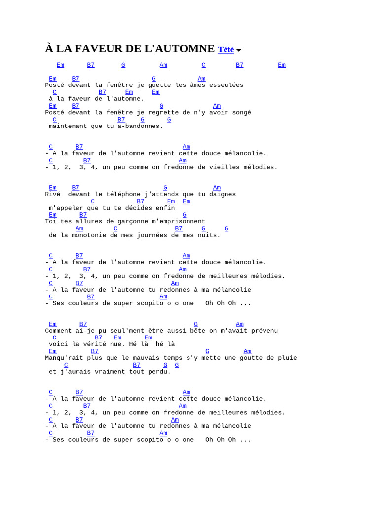 À LA FAVEUR DE L'automne Tété Paroles Et Grille | PDF