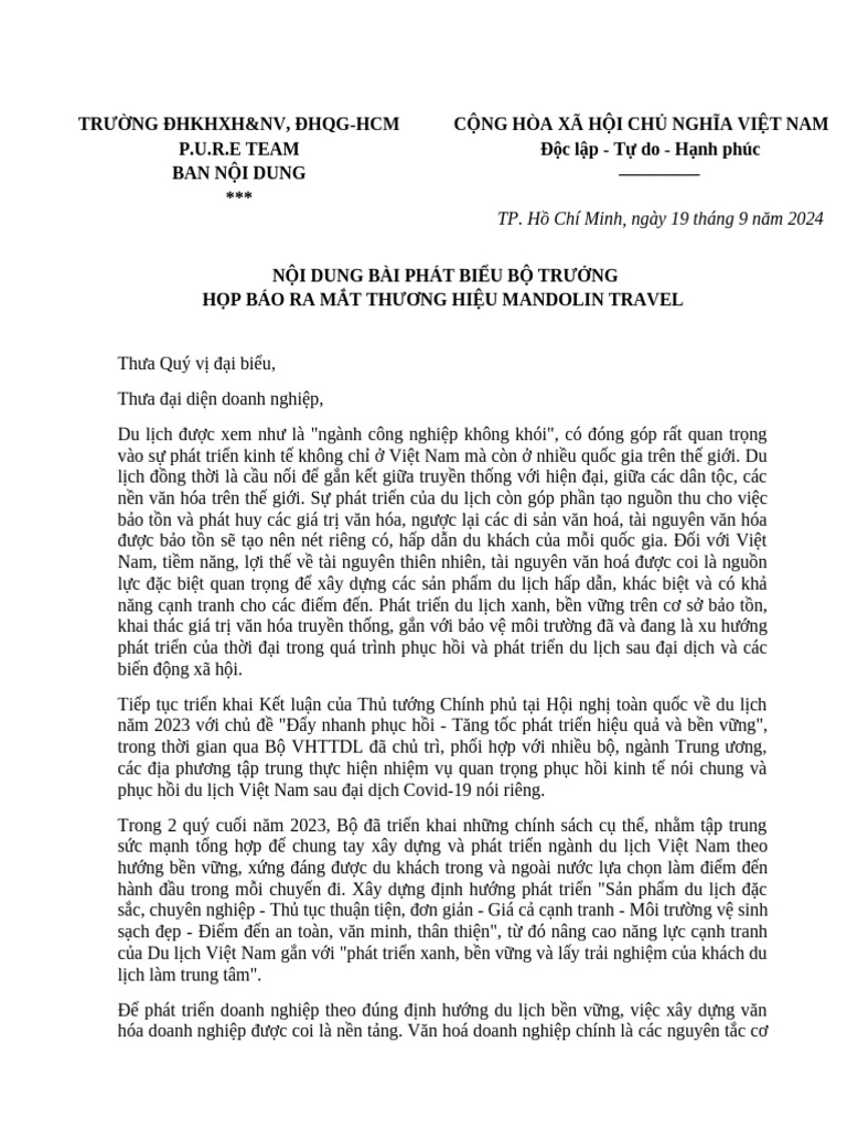 (QHCC - P.u.r.e) Bài Phát Biểu Của Bộ Trưởng | PDF