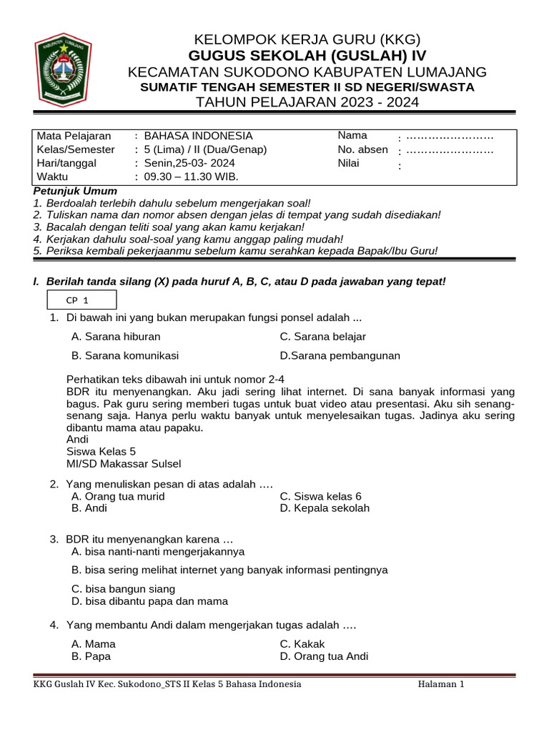 Soal STS - Bahasa Indonesia - Kelas 5 Semester Ii Tahun Pelajaran 2023-2024 - Kumer | PDF