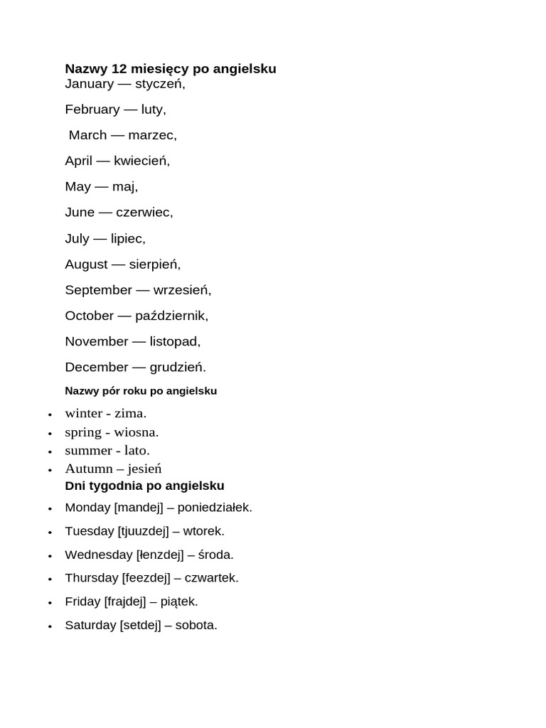 Miesiace Dni Tygodnia Pory Roku | PDF