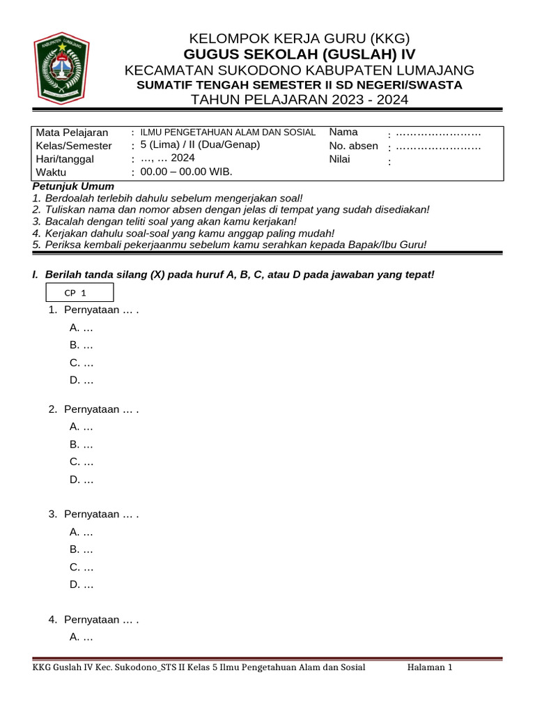 Soal STS - Ilmu Pengetahuan Alam Dan Sosial - Kelas 5 Semester Ii Tahun Pelajaran 2023-2024 ...