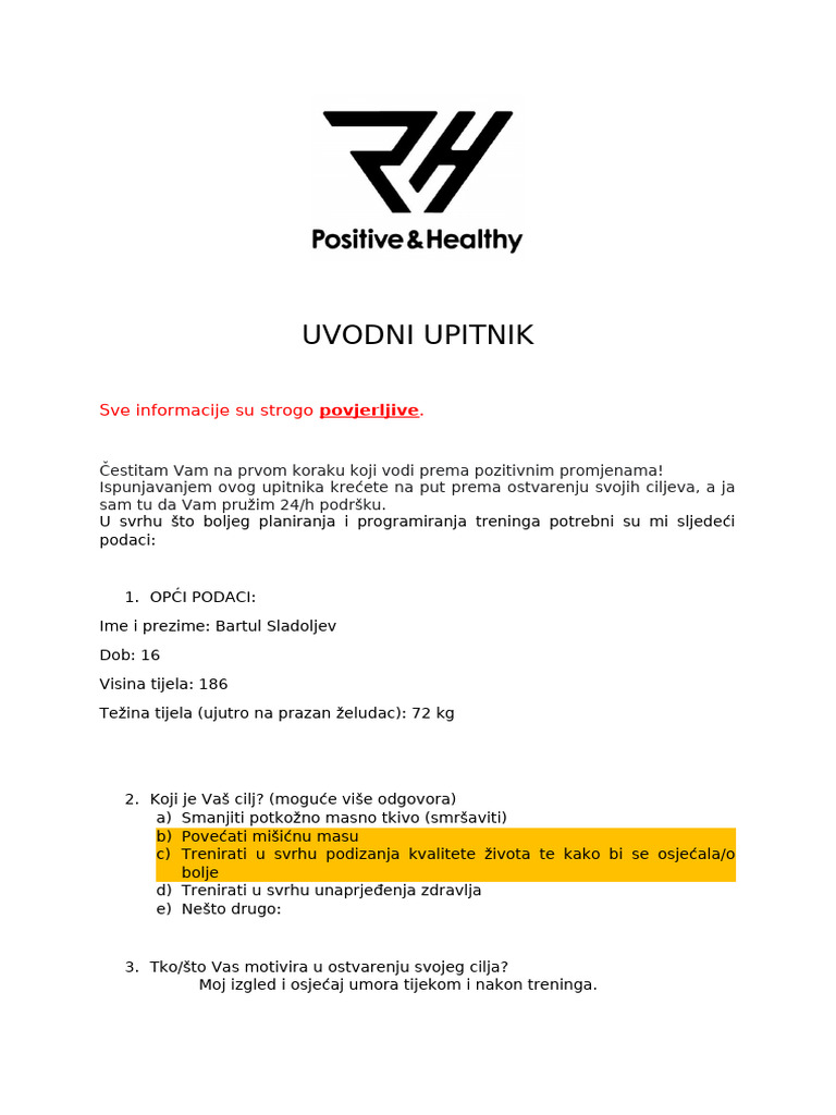 UVODNI UPITNIK - Program Treninga I Plan Prehrane | PDF
