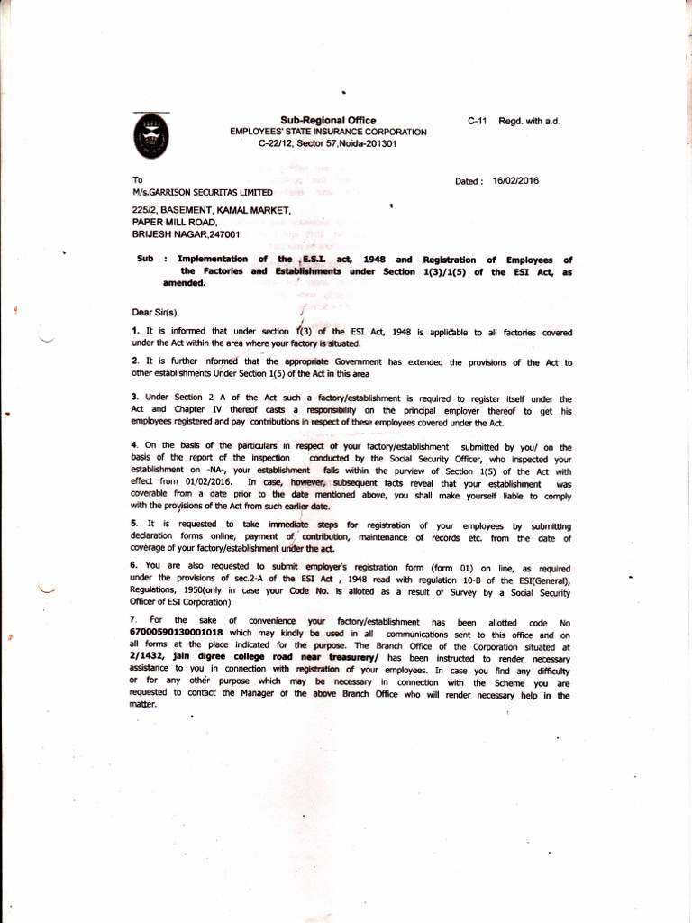 Esic Reg Certificate | PDF
