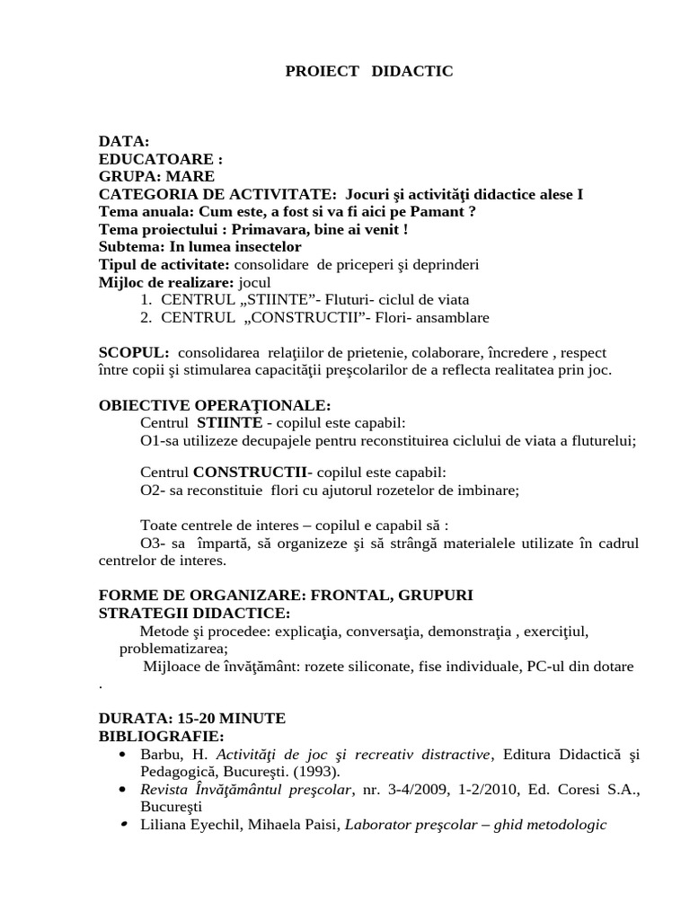 Proiect Didactic Fluturi | PDF