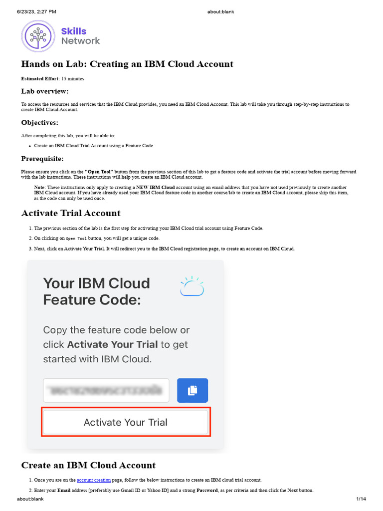 Reading - Hands-On Lab - Create Your IBM Cloud Account | PDF