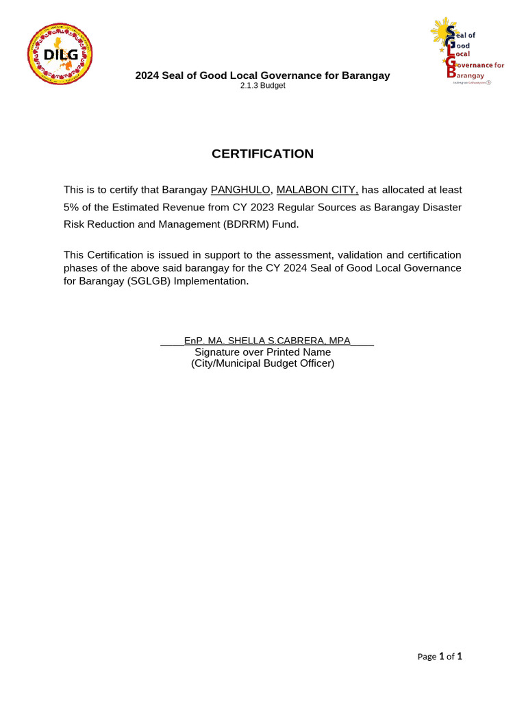 2.1.3 Certification From Budget Officer | PDF