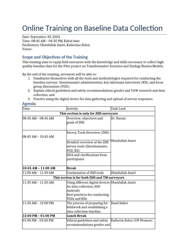 Online Training Agenda On Baseline Data Collection | PDF