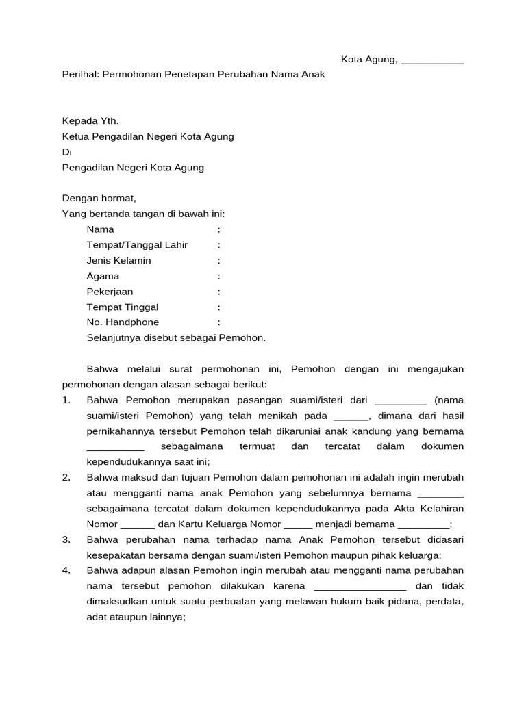 Contoh Surat Permohonan Ganti Nama Anak | PDF
