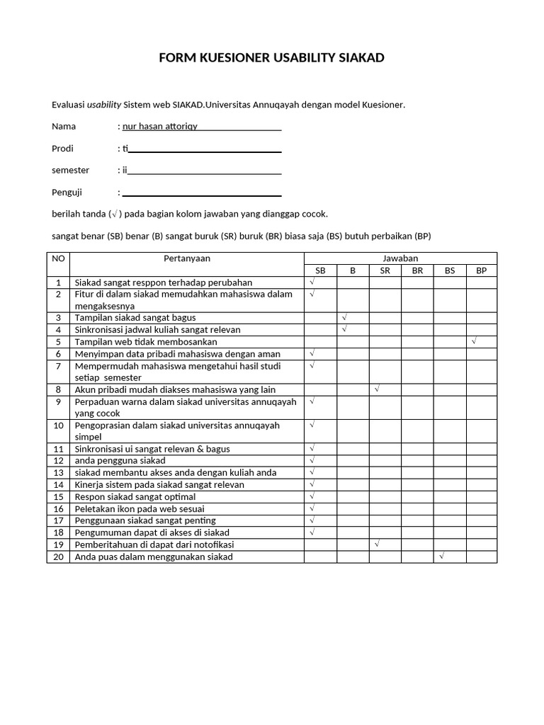 Form Kuesioner Usability Siakad | PDF