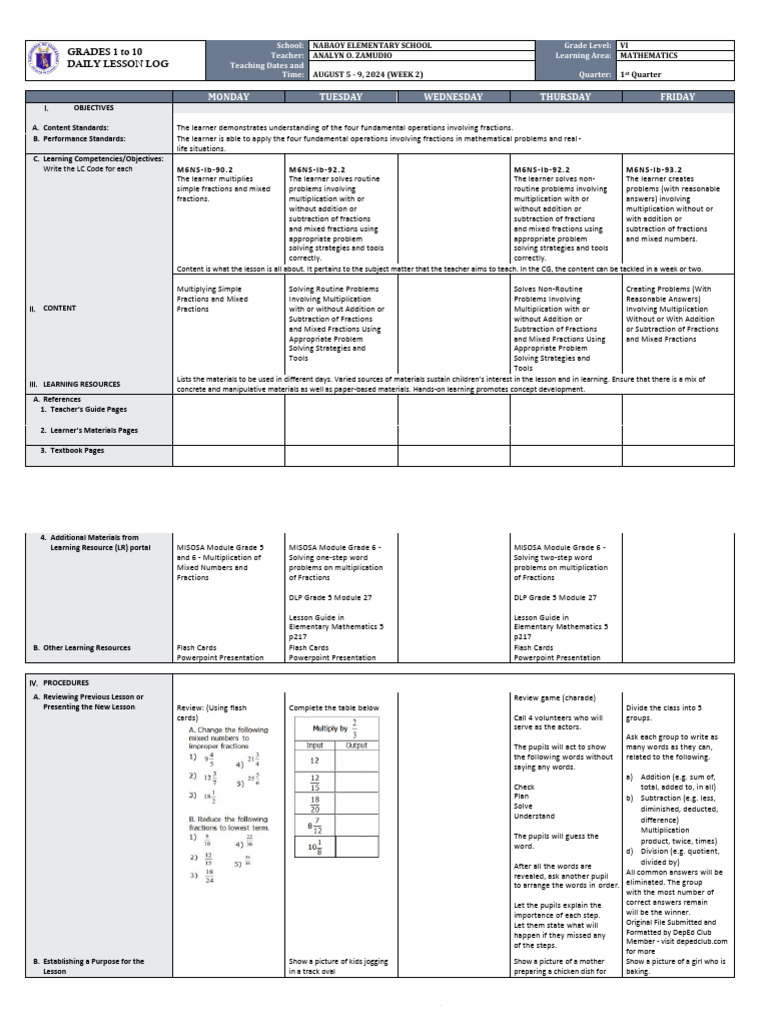 DLL - Mathematics 6 - Q1 - W2 | PDF