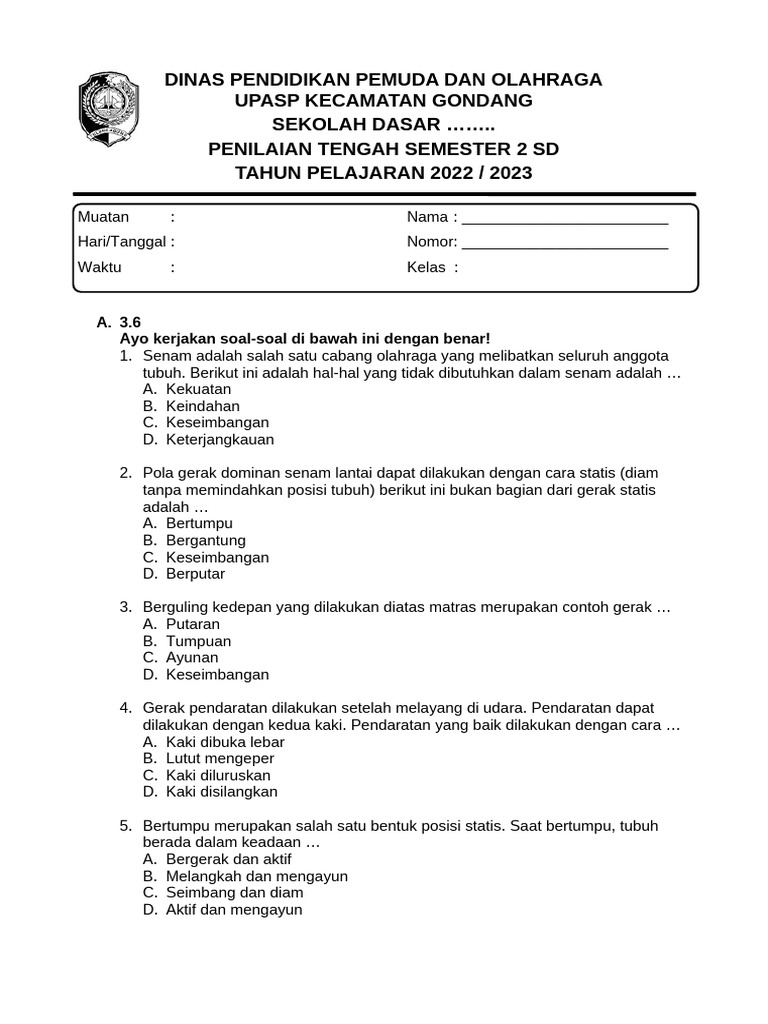 Soal PTS Pjok KLS 6 SMT 2 2022 2023 | PDF | Olahraga & Rekreasi | Seni & Disiplin Bahasa