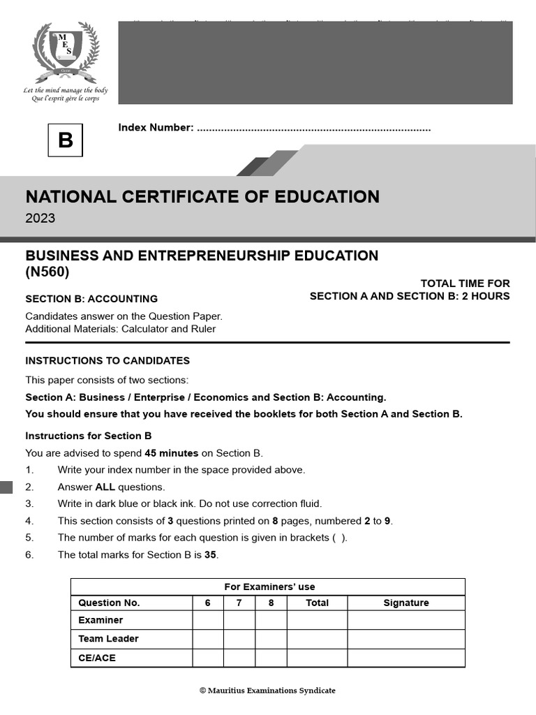 NCE 2023 Business and Entrepreneurship Education Section B | PDF