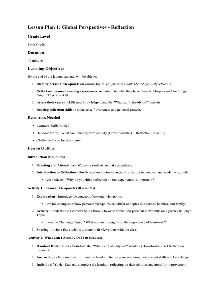 Lesson Plan 1 - Global Perspectives - Reflection | PDF | Learning | Art