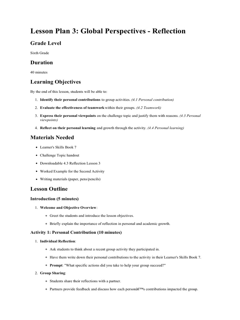 Lesson Plan 3 - Global Perspectives - Reflection | PDF | Education ...