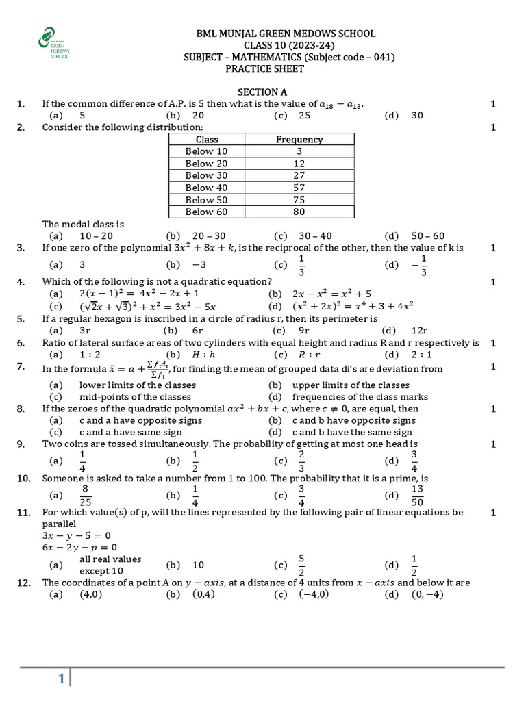 Class 10 Halfyearly Practice Sheet | PDF