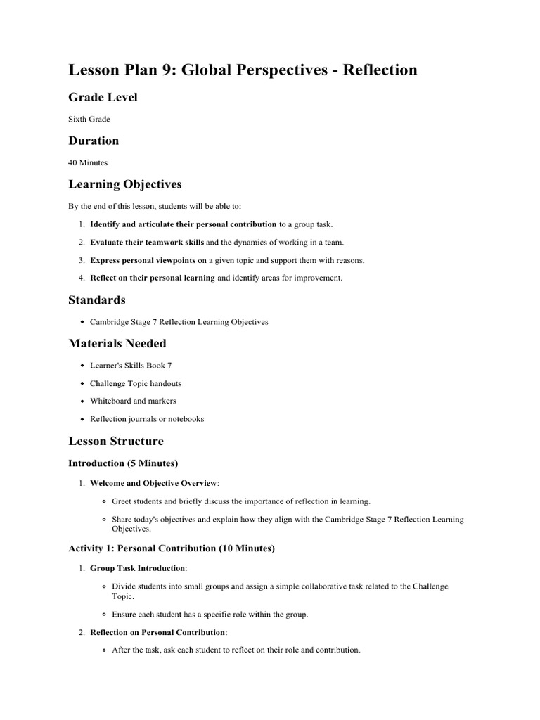 Lesson Plan 9 - Global Perspectives - Reflection | PDF