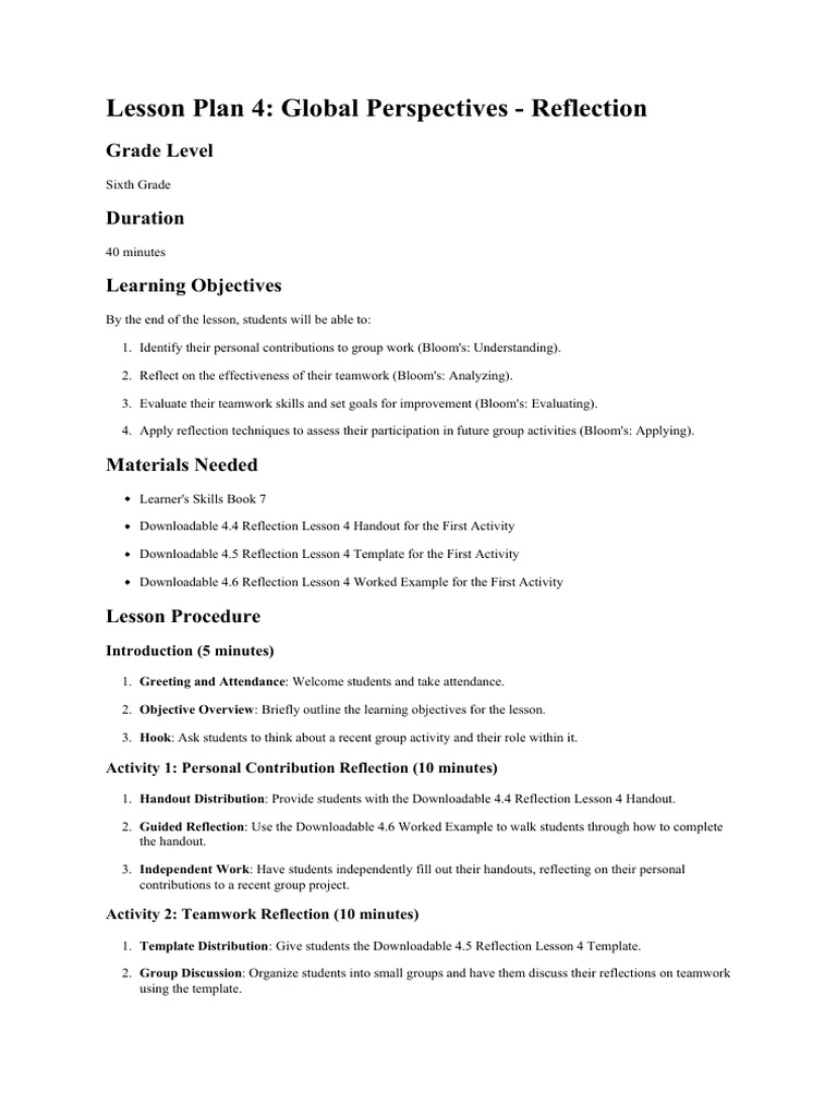 Lesson Plan 4 - Global Perspectives - Reflection | PDF