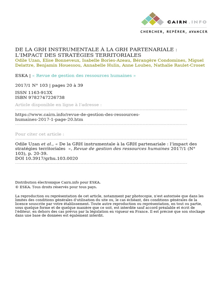 De La GRH Instrumentale À La GRH Partenariale - L'impact Des Stratégies Territoriales | PDF