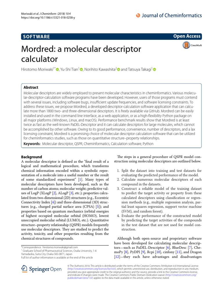 Mordred: A Molecular Descriptor Calculator: Software Open Access | PDF