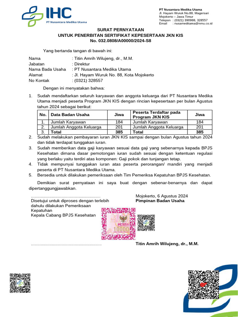 Surat Pernyataan Untuk Penerbitan Sertifikat Kepesertaan JKN KIS - 2024 ...