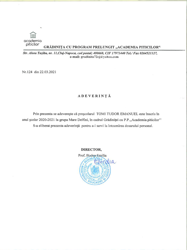 Adeverinta Gradinita | PDF