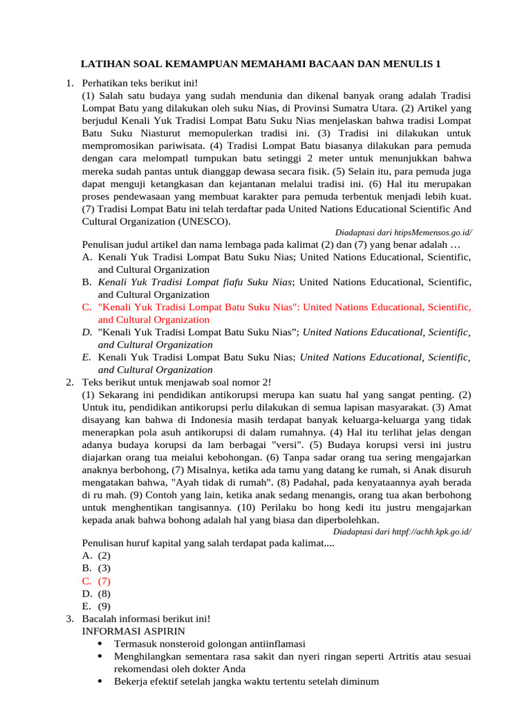 Latihan Soal Kemampuan Memahami Bacaan Dan Menulis 1 | PDF